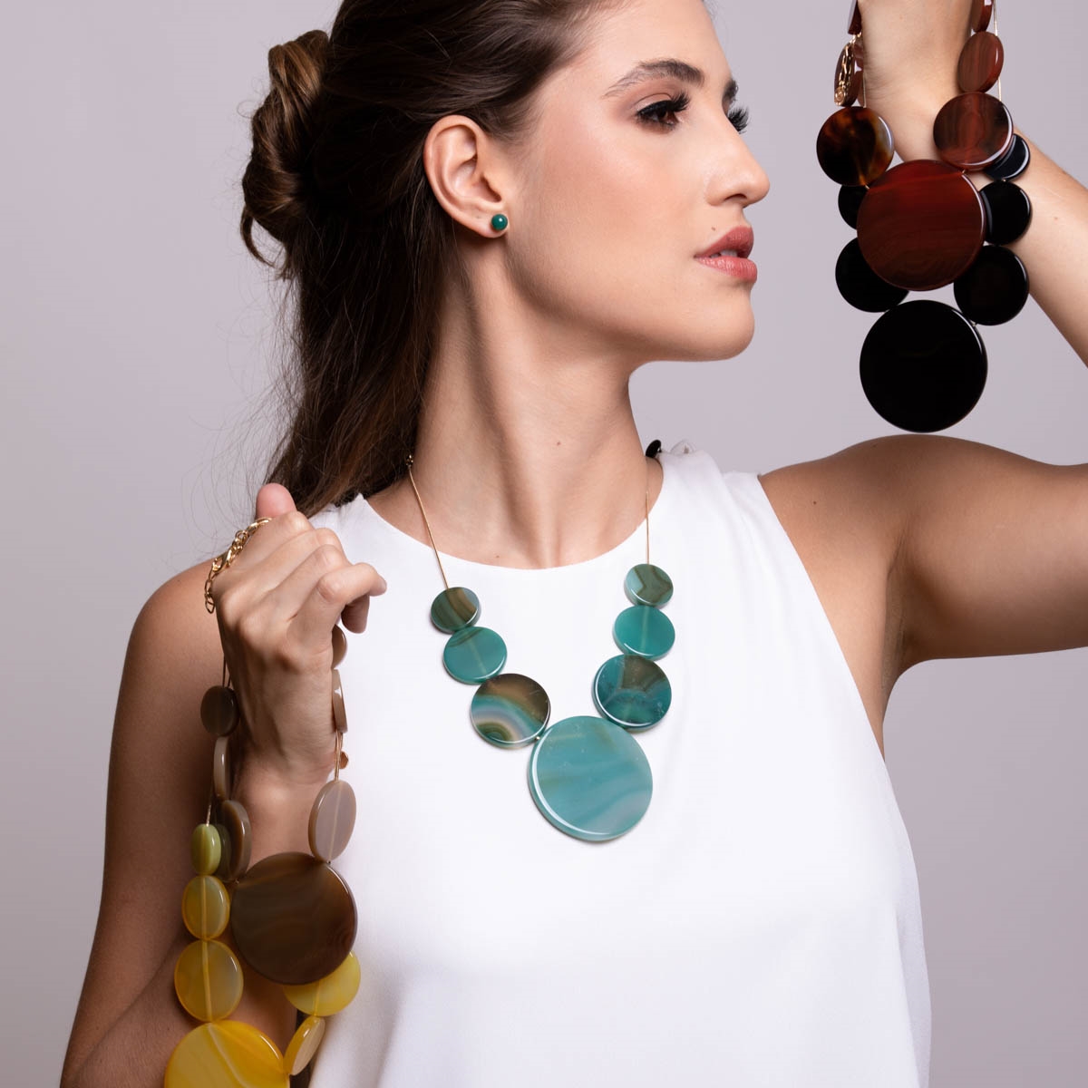 COLAR ALICE - Colar Alice 7 discos pedra natural Ágata banhado em ouro ...